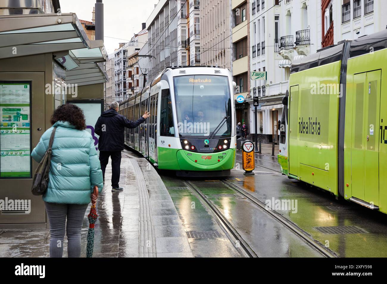 Tram arriving at the Parliament of Eusko Tranbia station, Vitoria ...