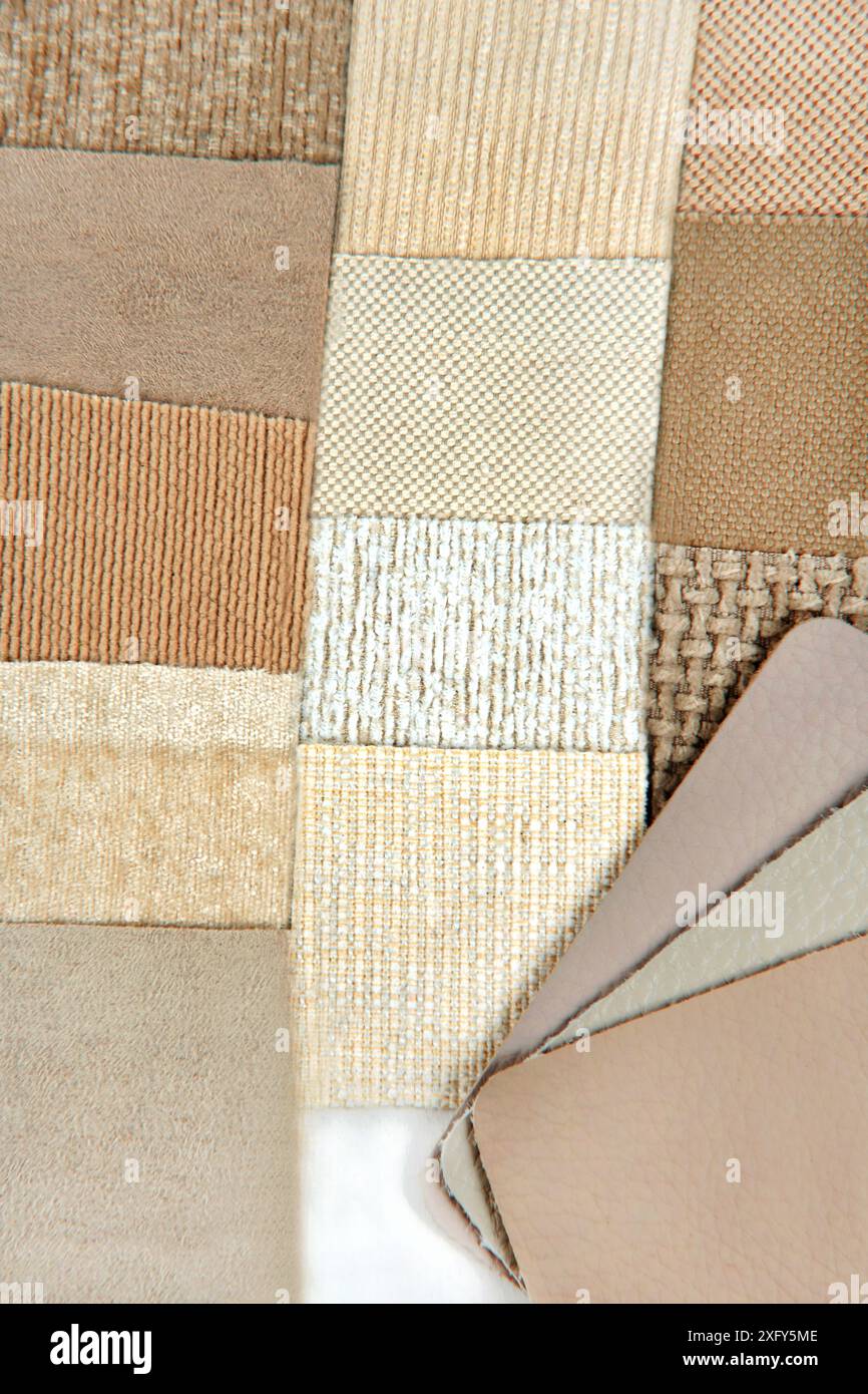 close up of beige color upholstery sample set choice for interior Stock ...