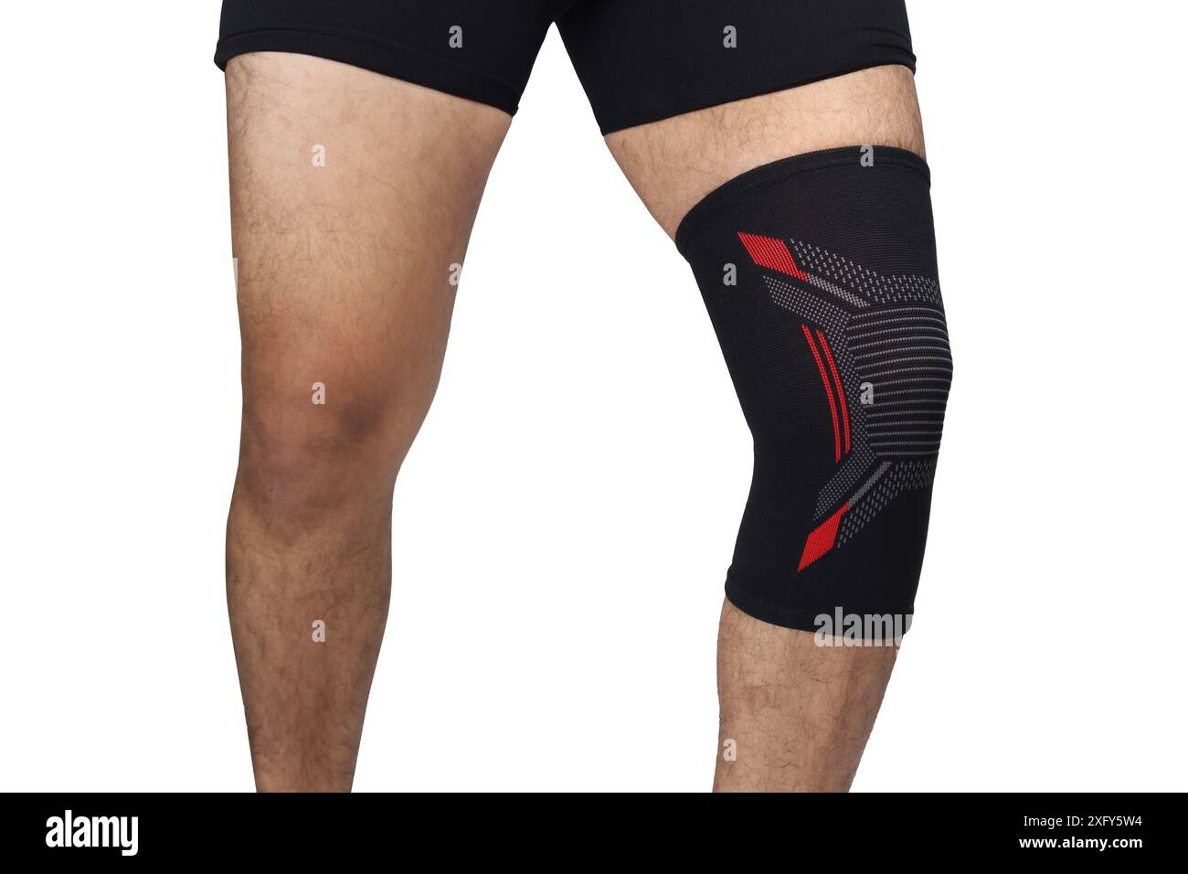 knee sleeve or knee cap shown on the models knee isolated on the white ...