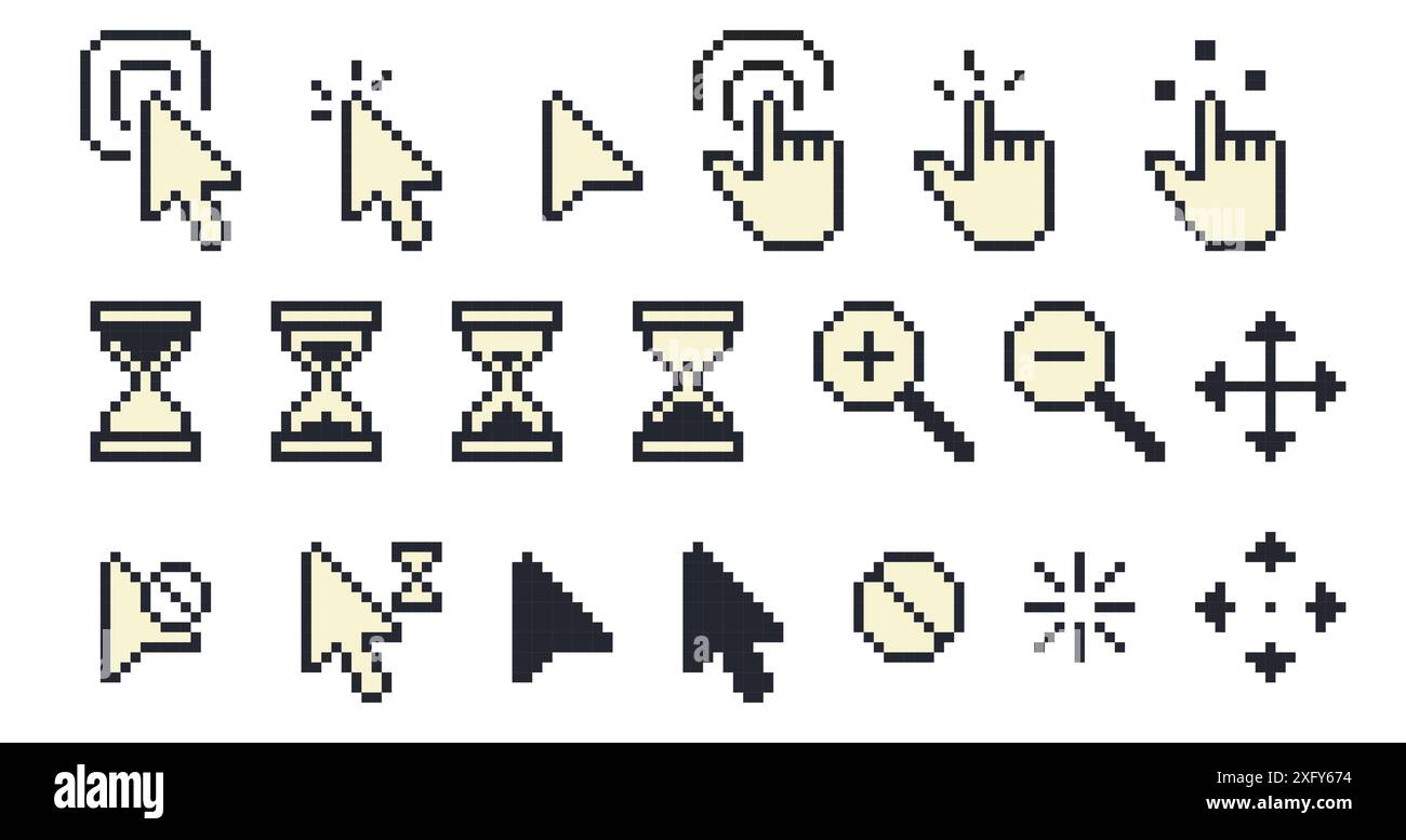 Pixel cursors. Retro vintage pointer cursor arrow hand finger icons, 8 ...
