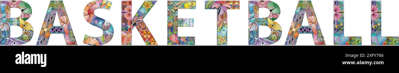Hand-painted art design. Hand drawn illustration word BASKETBALL for t ...