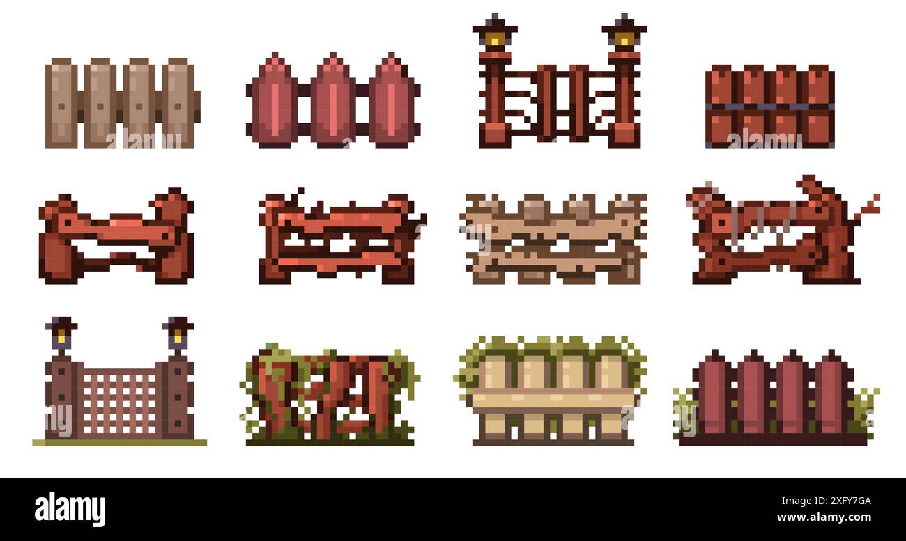 Pixel wooden fences. Retro 8 bit game asset, cartoon wooden fence ...
