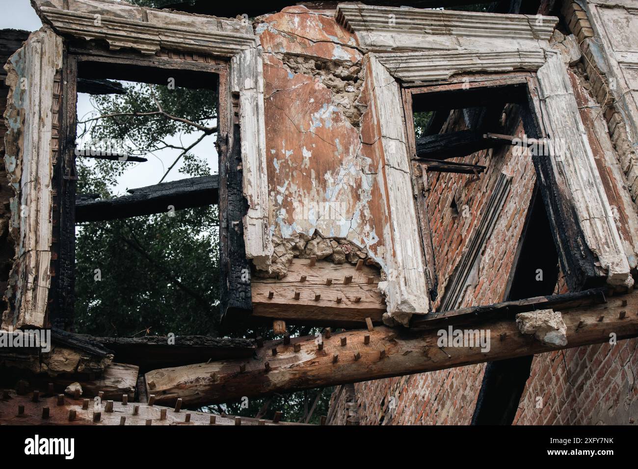 Abandoned ruined house with broken windows, Kyiv, Ukraine. Burnt ...