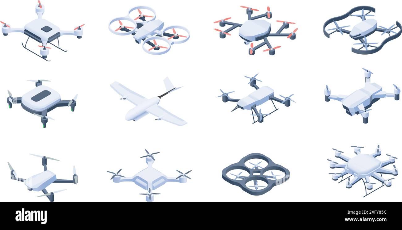 Isometric drones. Aerial drone unmanned remote control surveillance ...