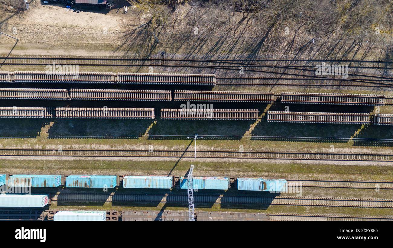 Drone photography of industrial train station with wagons and new ...