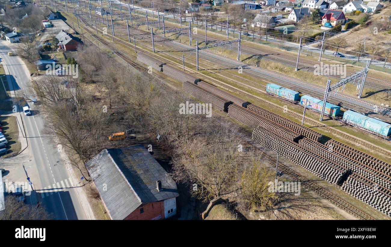 Drone photography of industrial train station with wagons and new ...