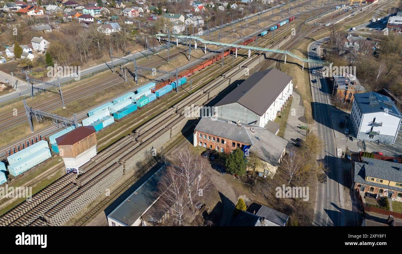Drone photography of industrial train station with wagons and new ...