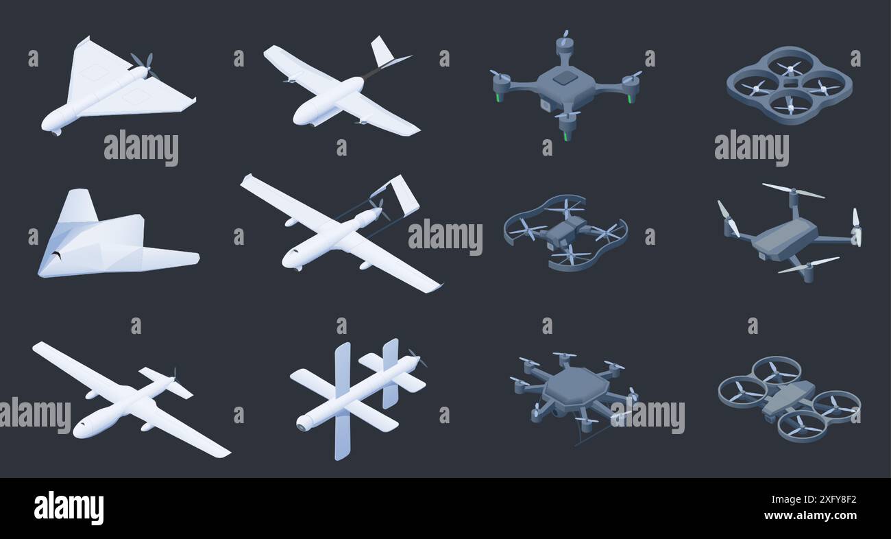 Isometric unmanned aerial vehicles. Military drone and spy plane ...