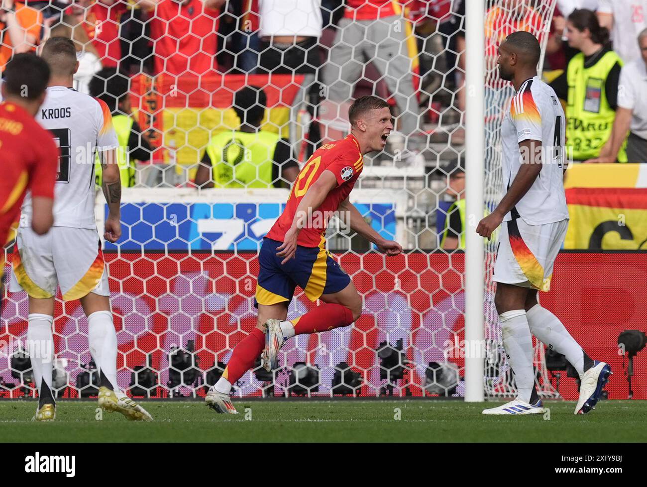 Spain's Dani Olmo celebrates scoring their side's first goal of the ...
