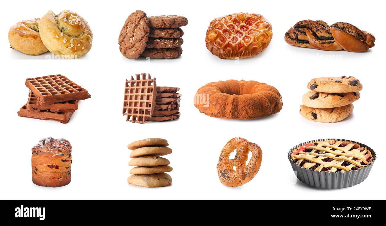 Collage of tasty bakery products on white background Stock Photo - Alamy