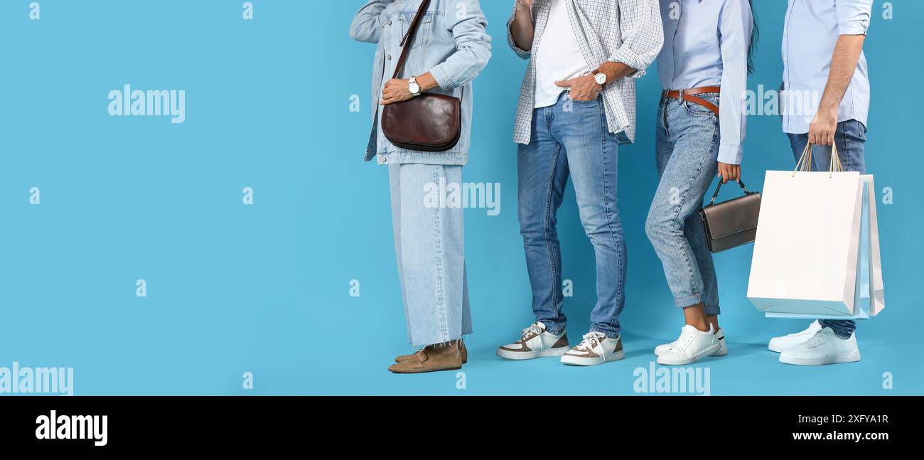 People waiting in line on blue background with space for text Stock ...