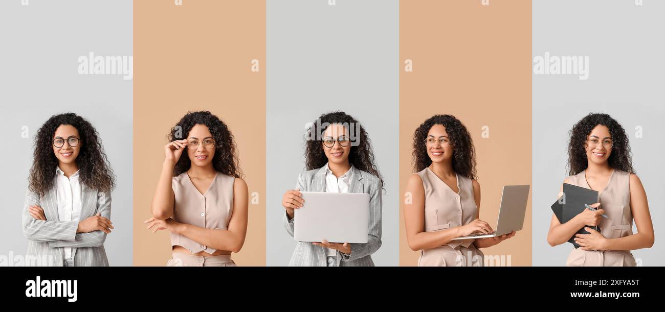 Versatile businesswoman in various poses showcasing different office ...