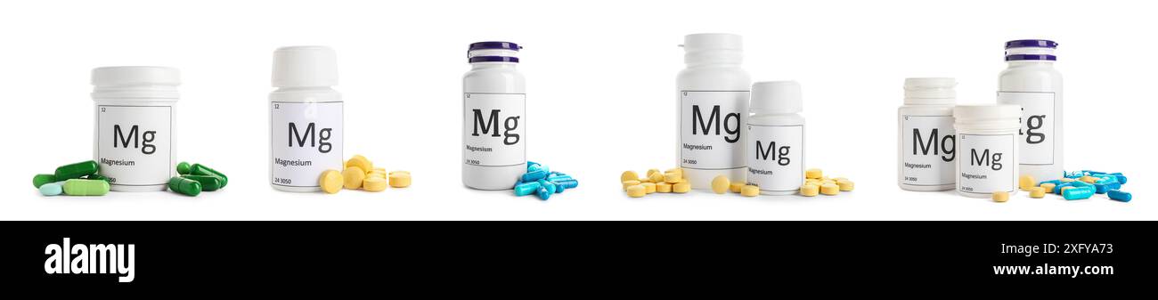 Set of bottles with magnesium pills on white background Stock Photo - Alamy