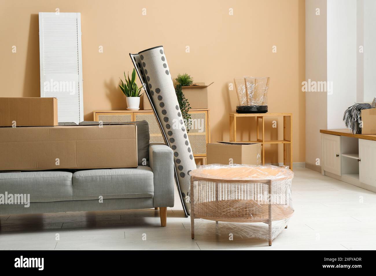 Sofa with moving boxes, rolled carpet and wrapped table in living room ...