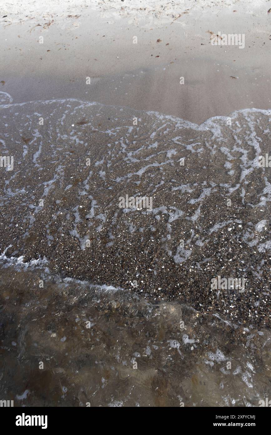 Sea water and sand with small shells and stones on the beach at the ...