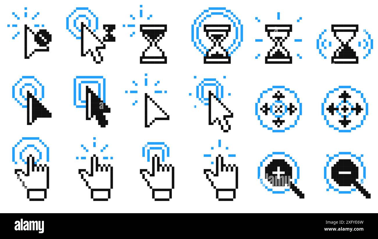 Pixel click icons. Vector arrow clicks icon mouse pointer hand touch finger tap target cursor ...