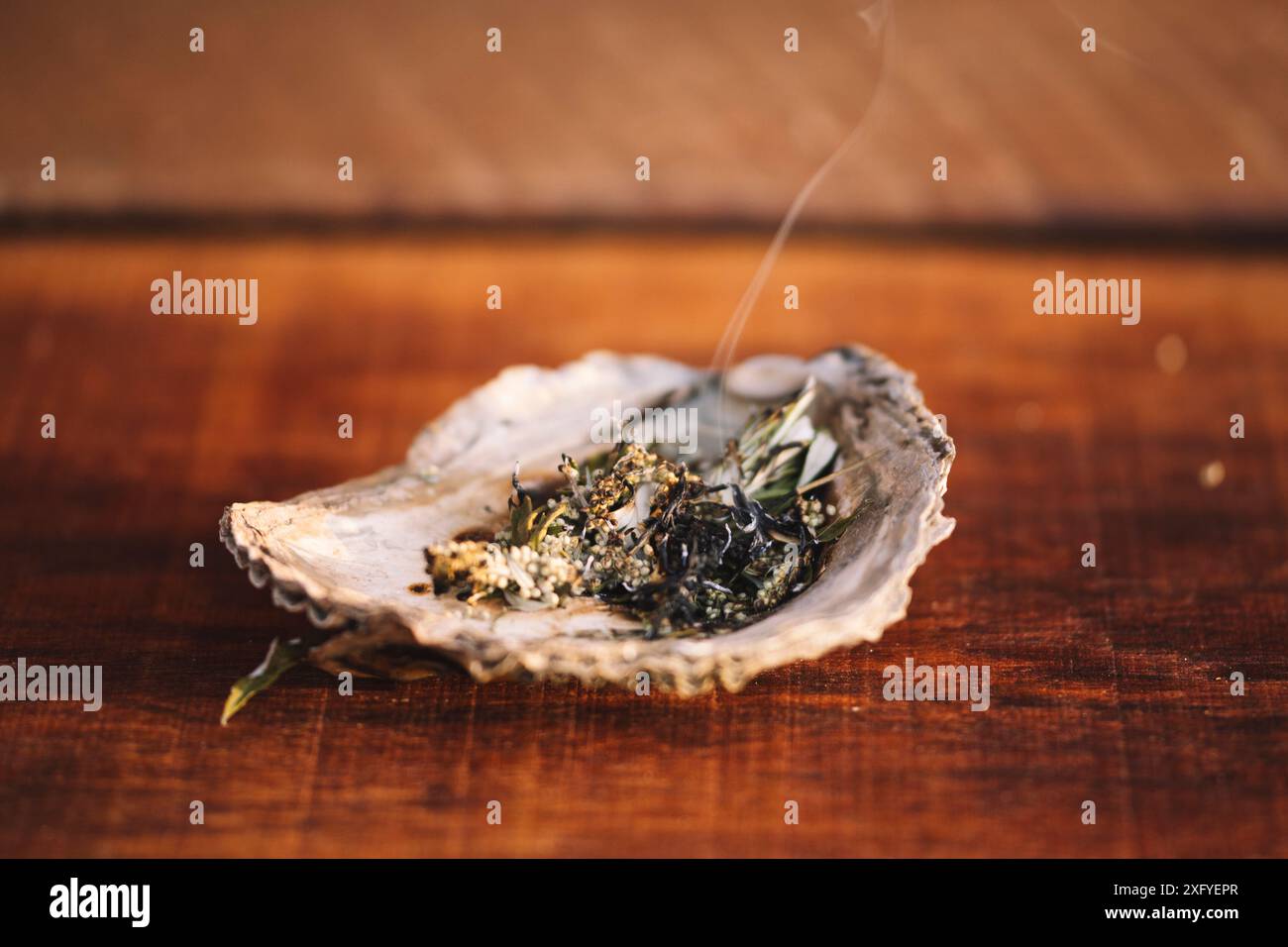 Dried mugwort lit in a shell for soothing smoke Stock Photo - Alamy
