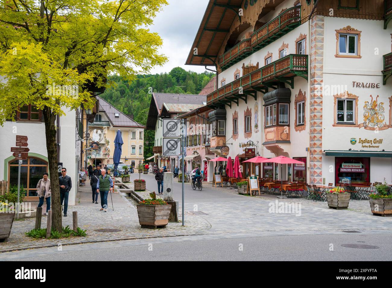 Germany, Bavaria, Mittenwald, historic old town, view of the pedestrian ...