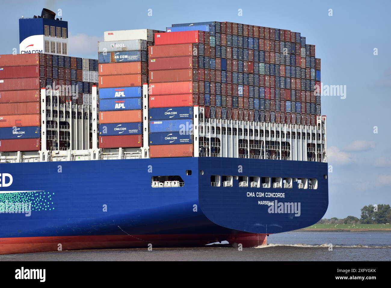 Cma cgm concorde departing hamburg for the north sea hi-res stock ...