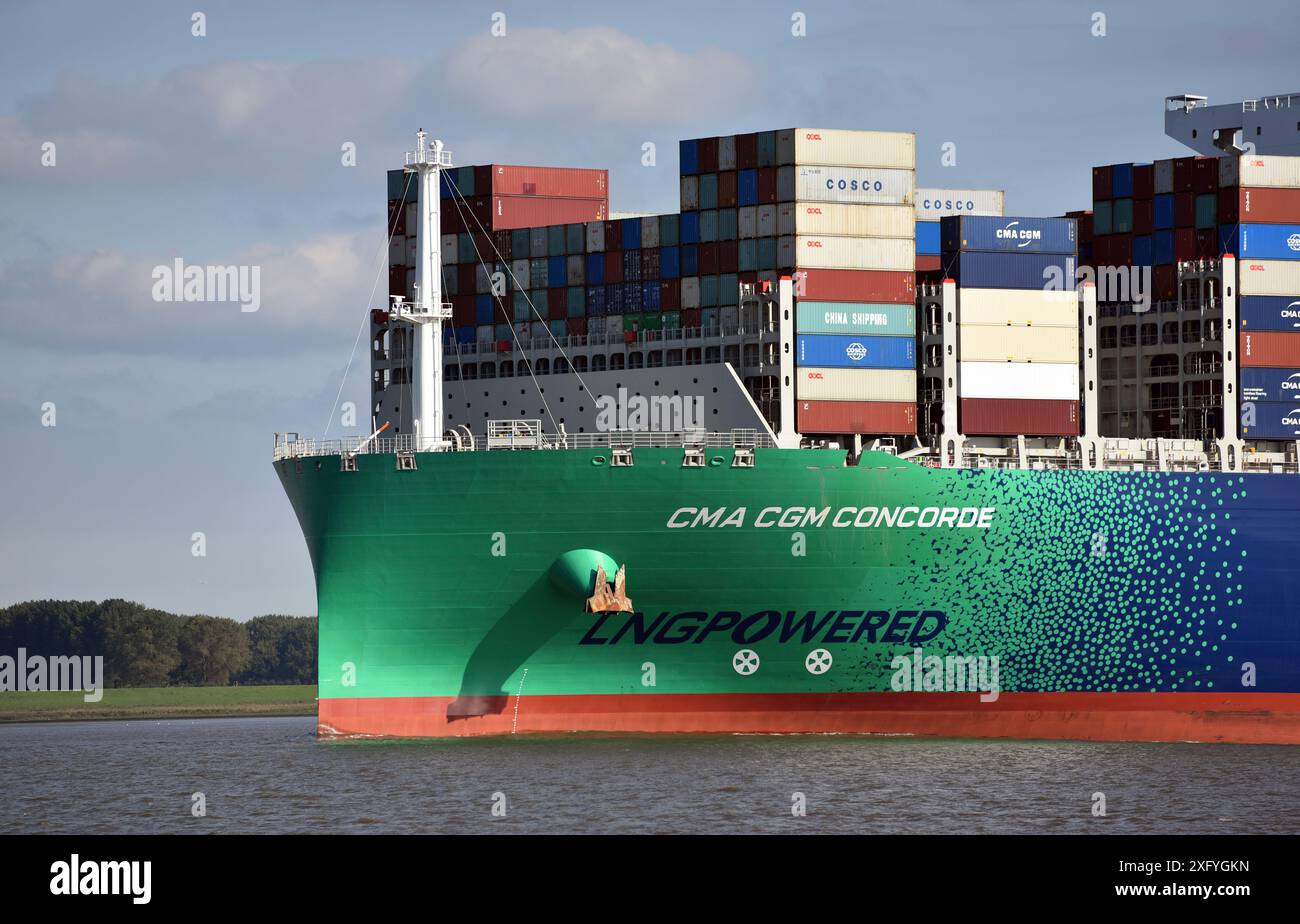 Cma cgm concorde departing hamburg for the north sea hi-res stock ...