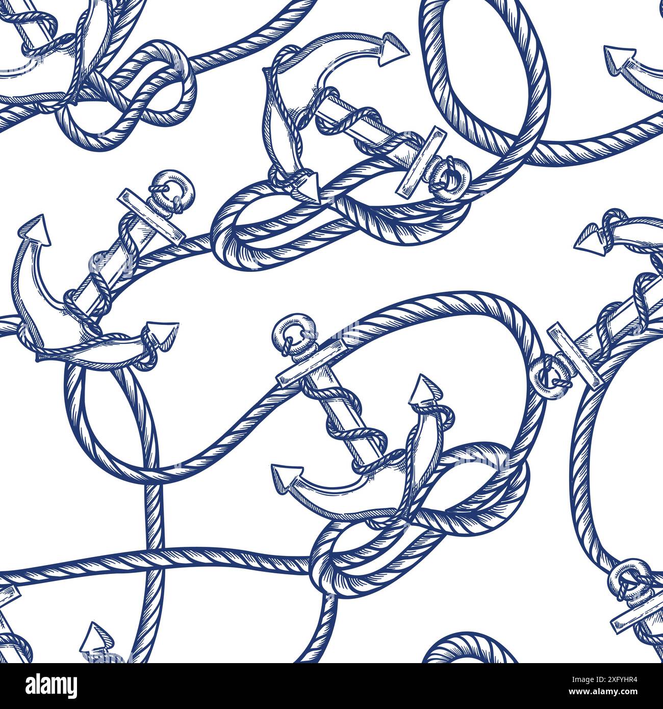 Nautical vintage seamless pattern with blue anchors and node rope ...