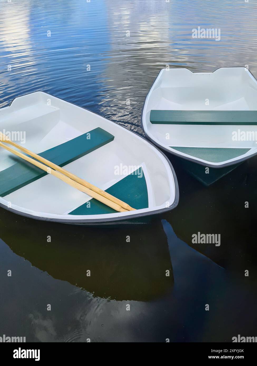 Two rowing boats in a lake on a summer's day in August, climate change ...