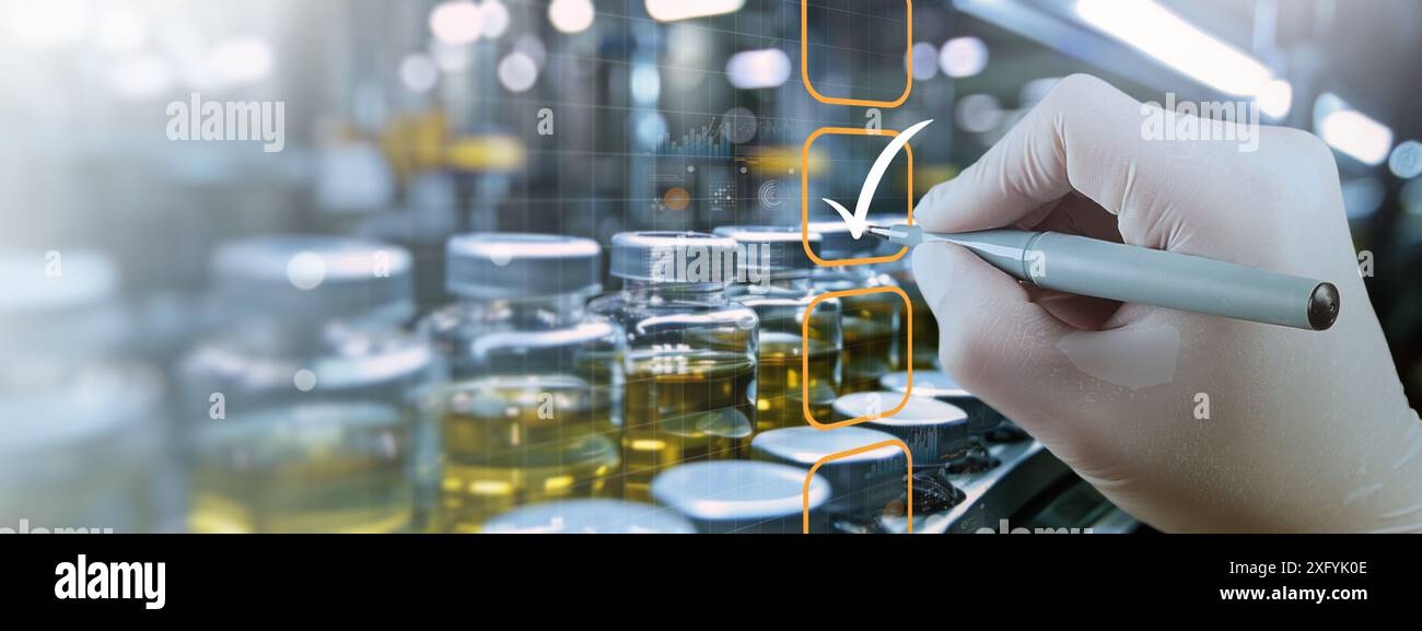 Gloved hand checking off a checklist in a laboratory representing ...