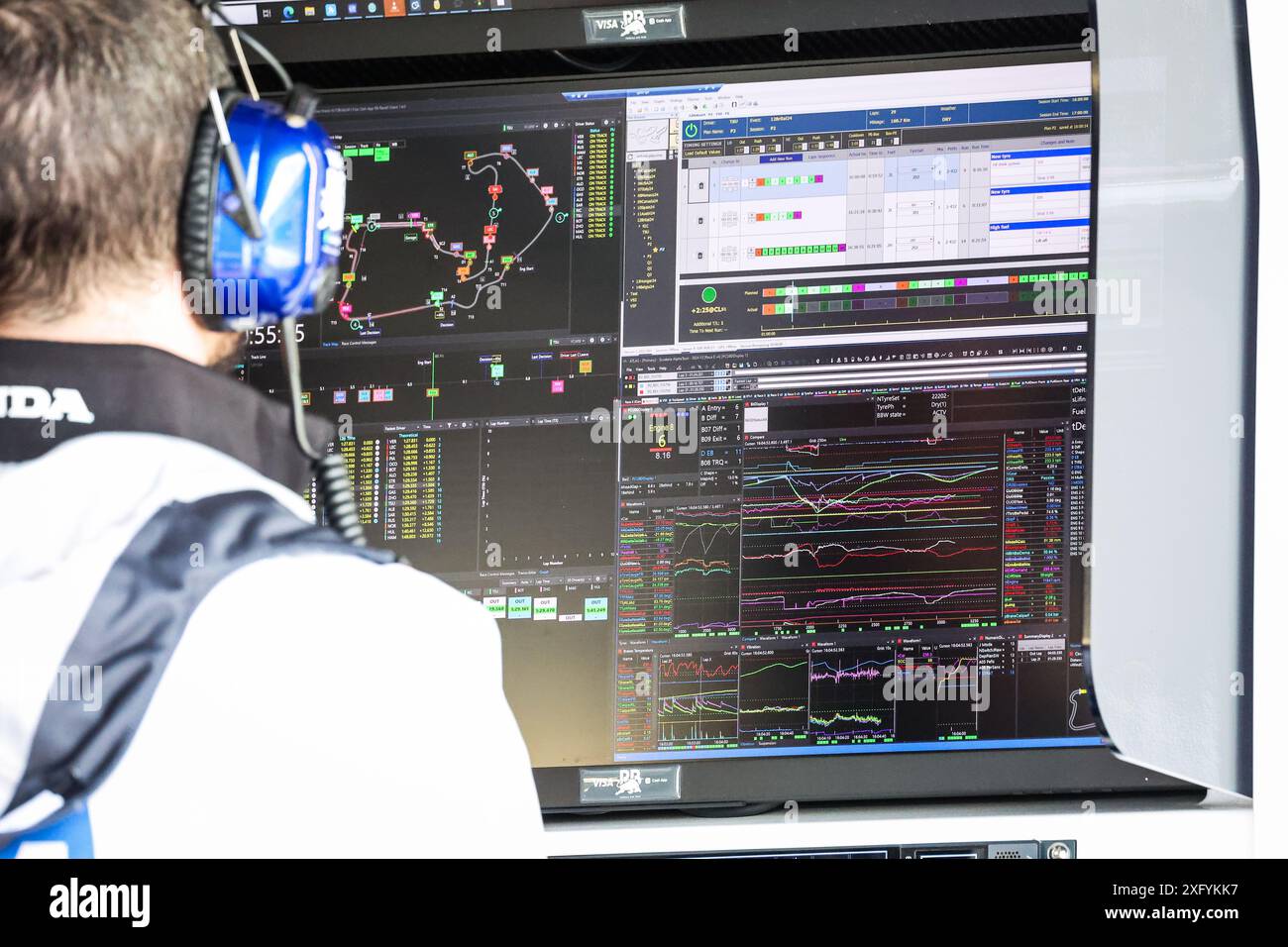 Silverstone, UK. July 5, 2024. Telemetry screens at Visa Cash App RB F1 ...