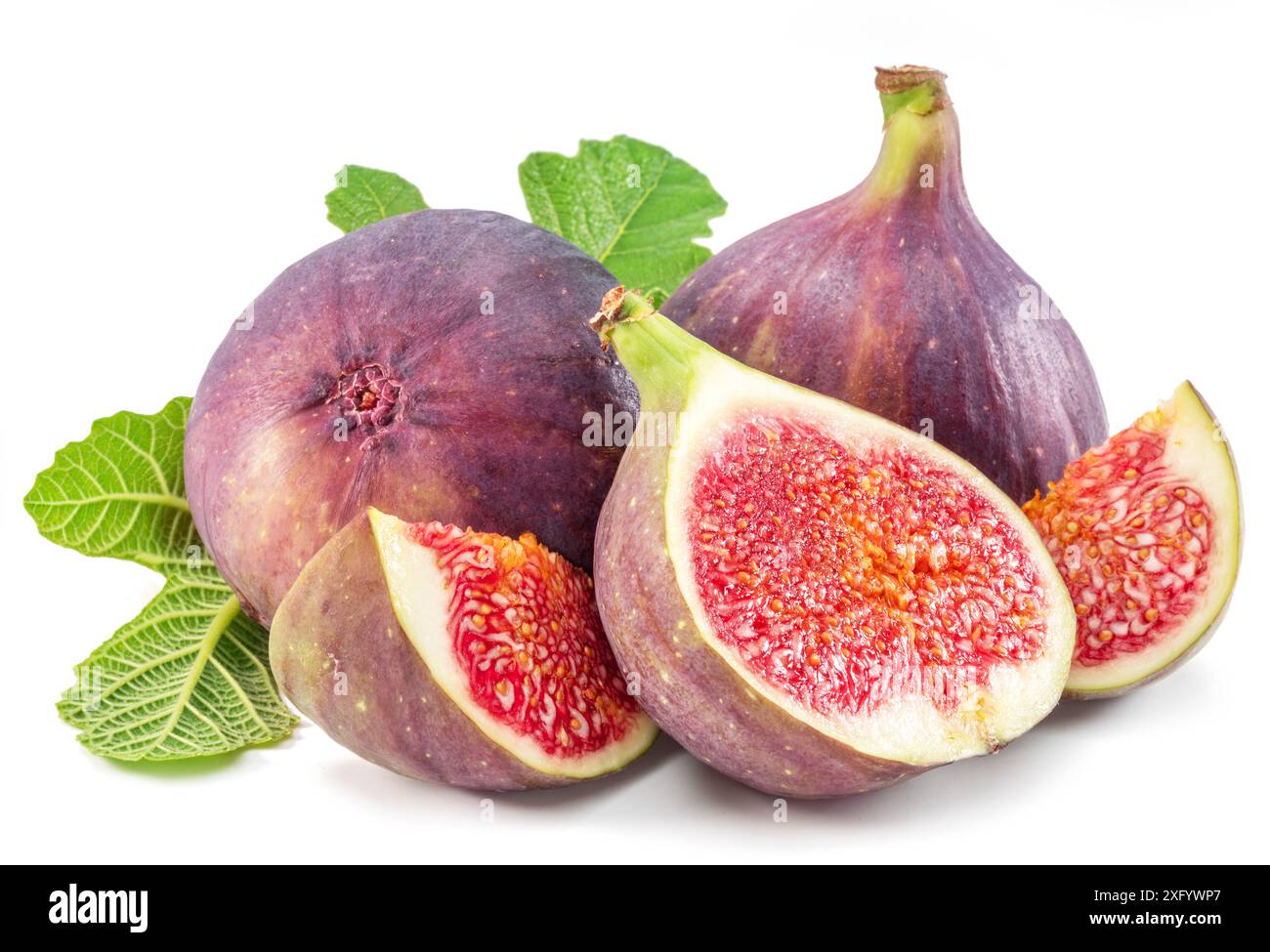 Fig fruits with fig leaves and slices of fig isolated on white ...