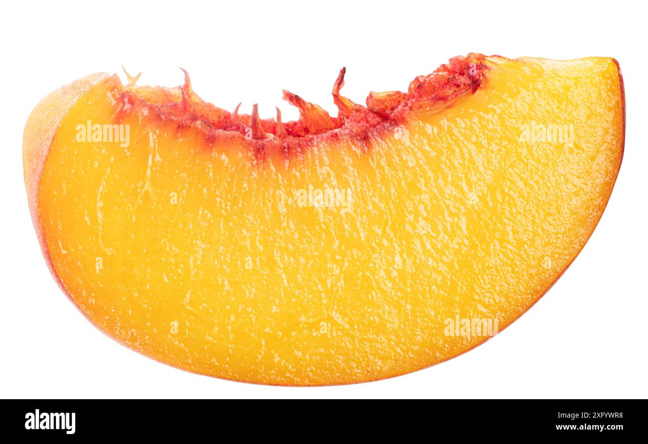 Ripe juicy yellow peach slice streaked with red flesh isolated on white ...