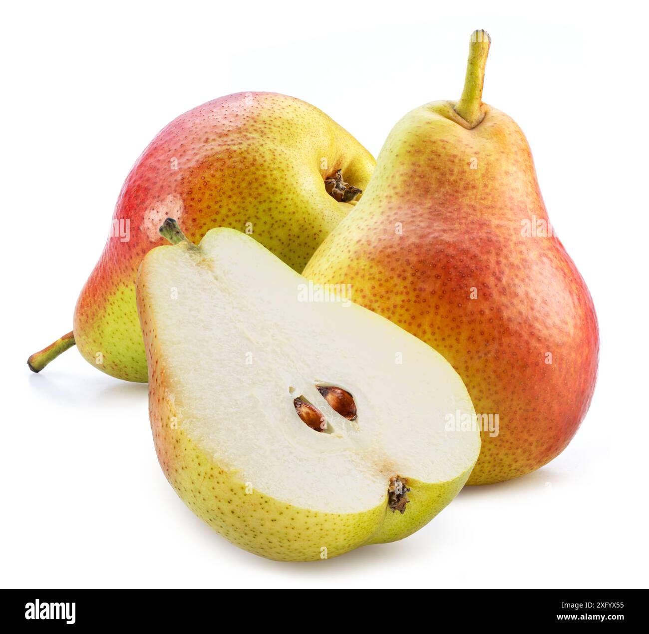 Ripe pears and cross section of pear with seeds isolated on white ...