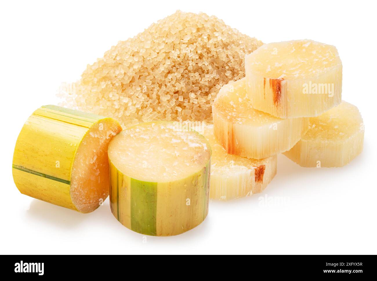 Peeled sugarcane rounds and pile of cane sugar isolated on white ...
