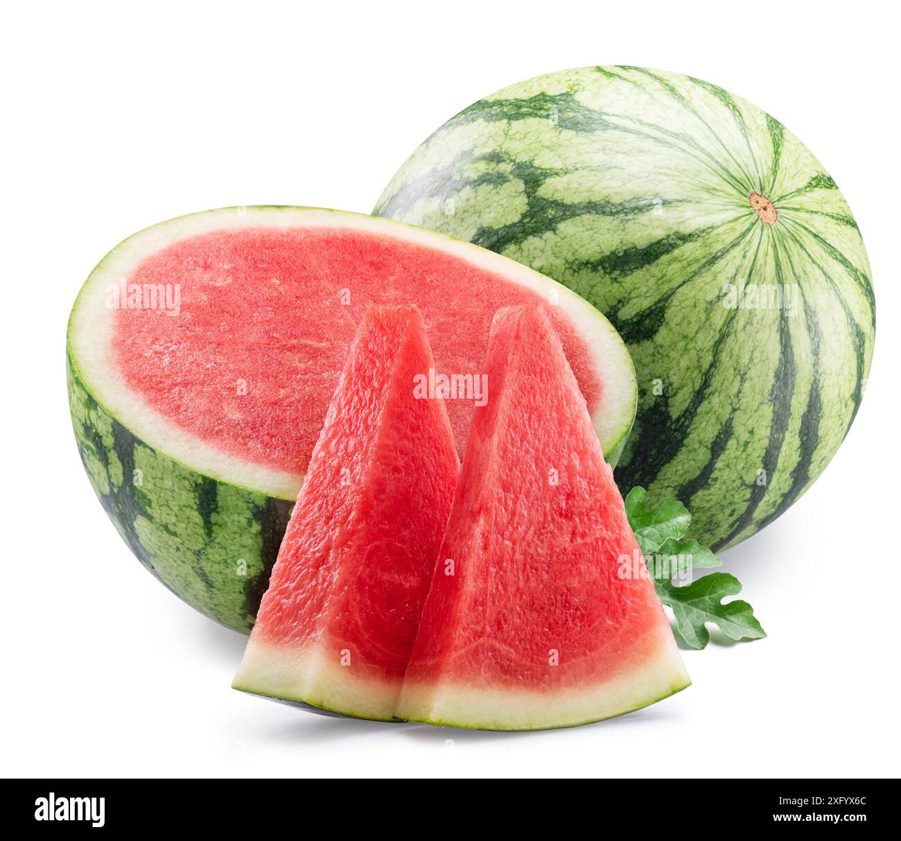 Round striped watermelon and watermelon slices isolated on white ...