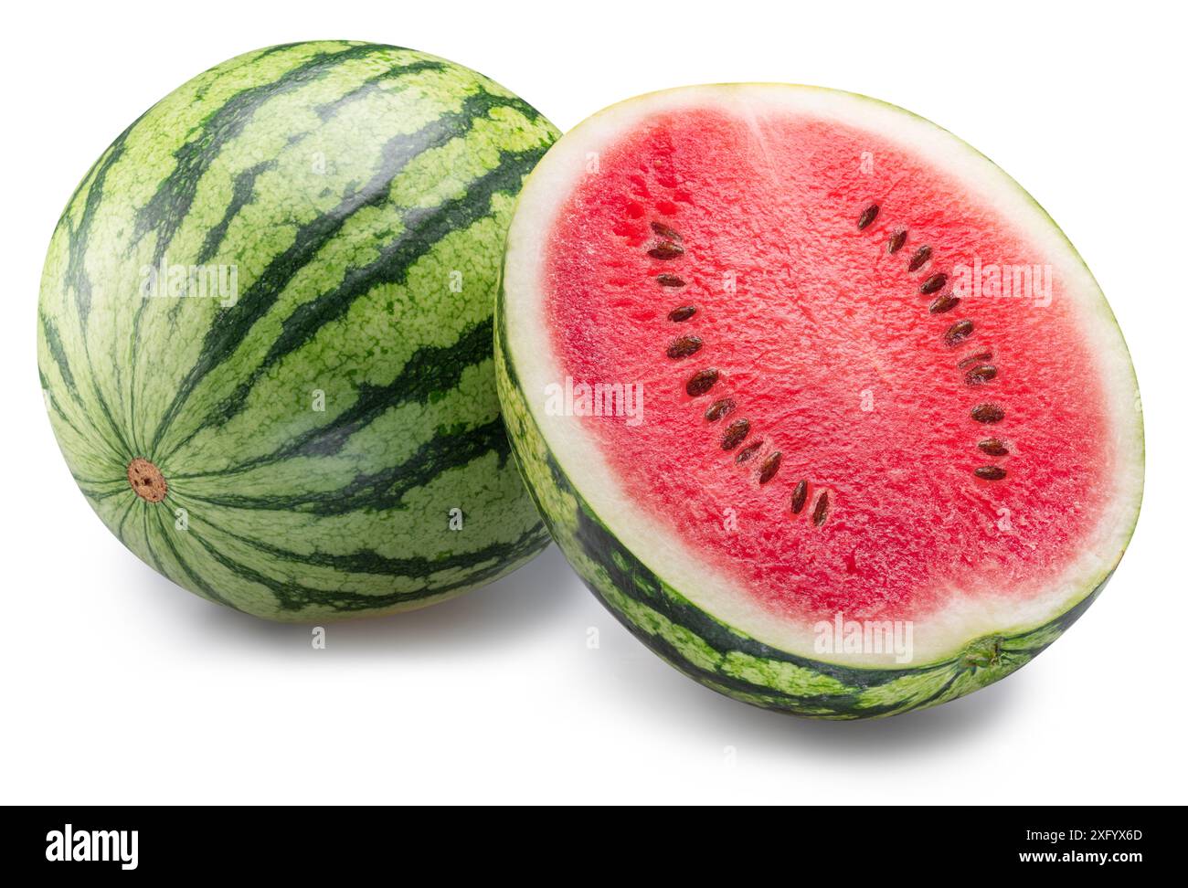 Round striped watermelon and watermelon half isolated on white ...
