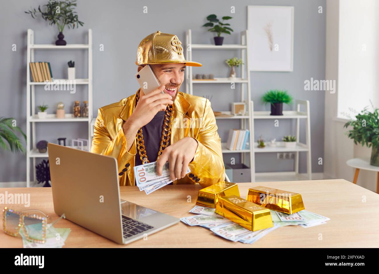 Cool and extravagant rich happy wealthy man phone talk in shining ...