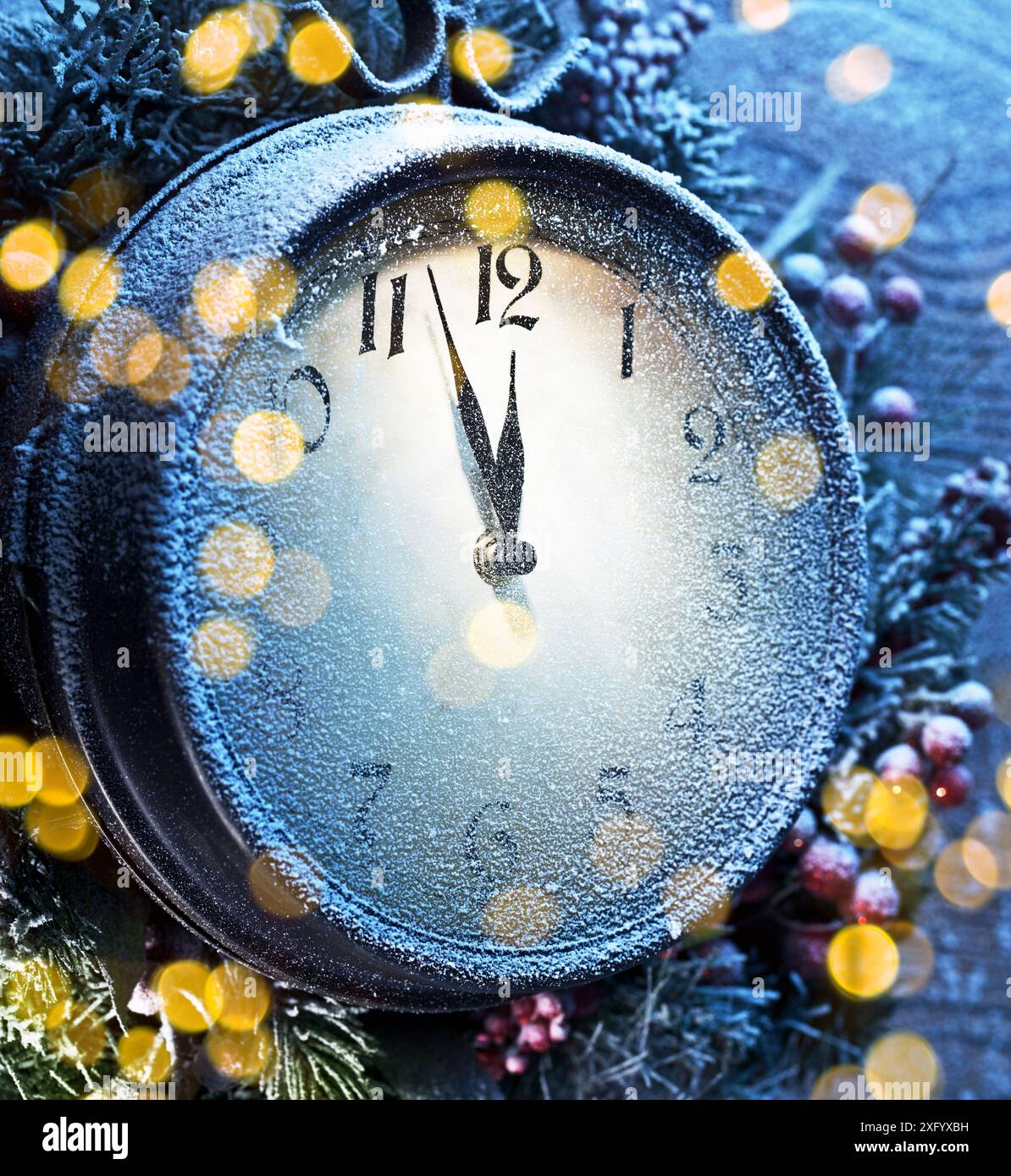 Countdown Christmas midnight. Christmas clock covered with fresh snow ...