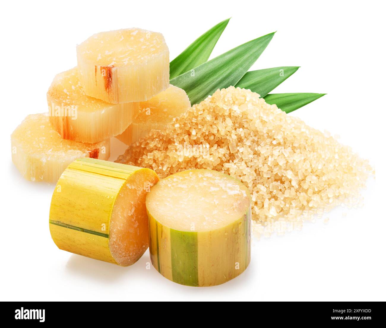 Peeled sugarcane rounds and pile of cane sugar isolated on white ...
