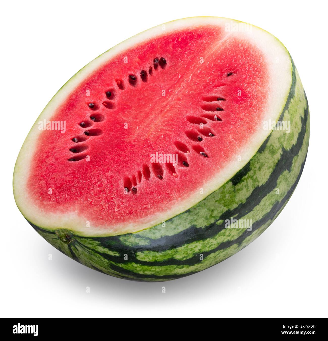 Round striped watermelon cut in half with black watermelon seeds ...