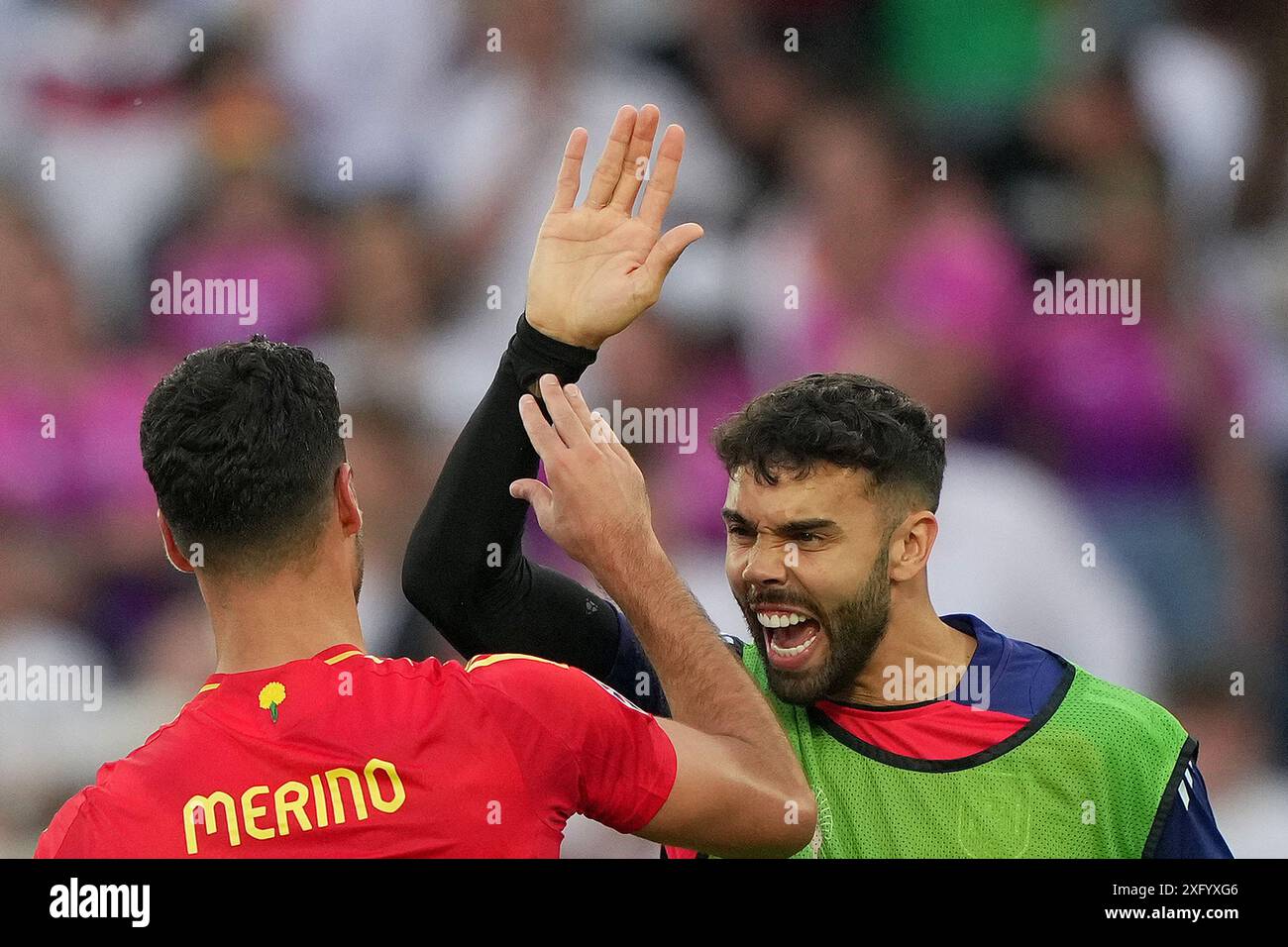 Spain's Mikel Merino and Spain's goalkeeper David Raya during the Euro ...