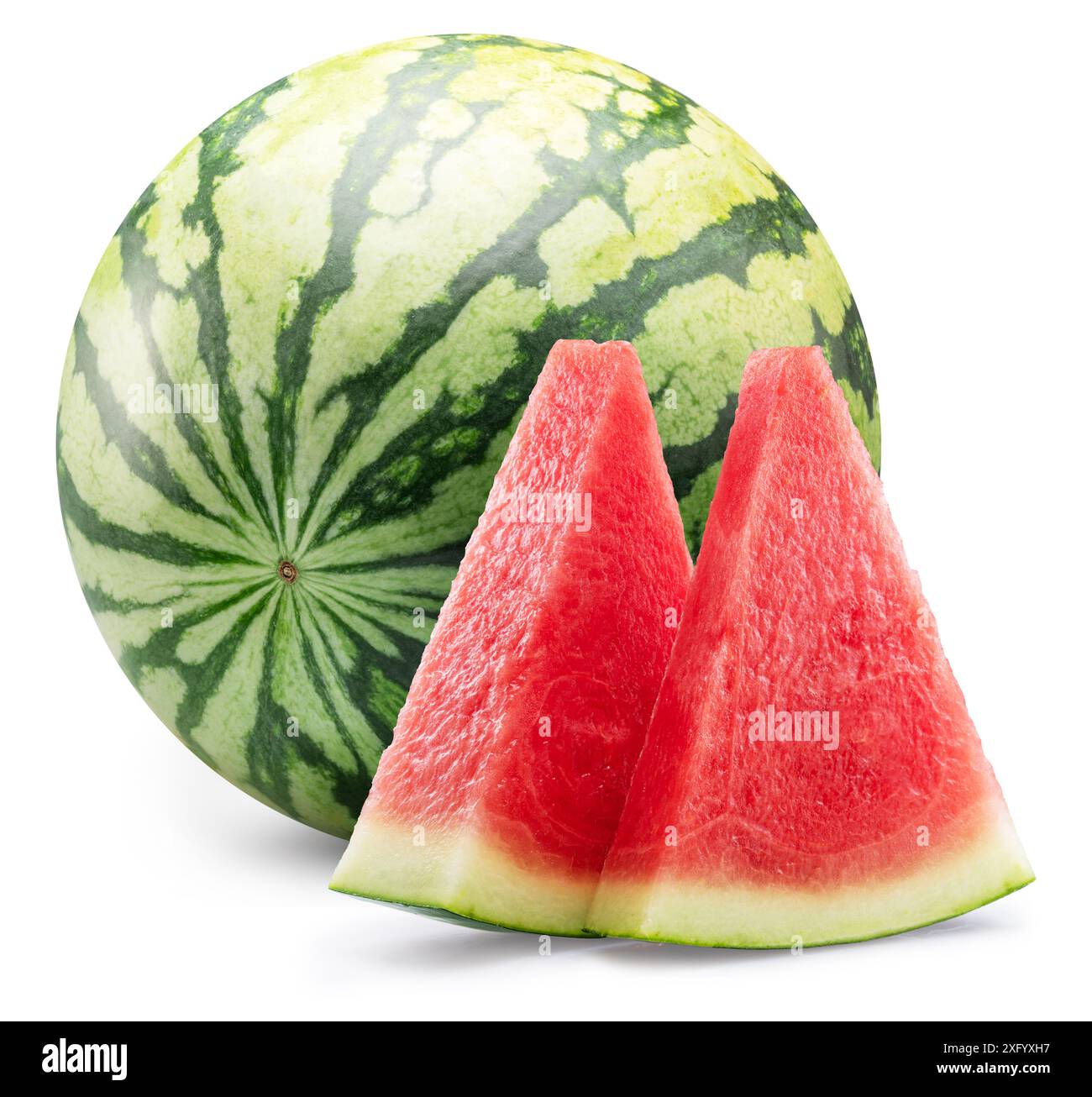 Round striped watermelon and watermelon slices isolated on white ...