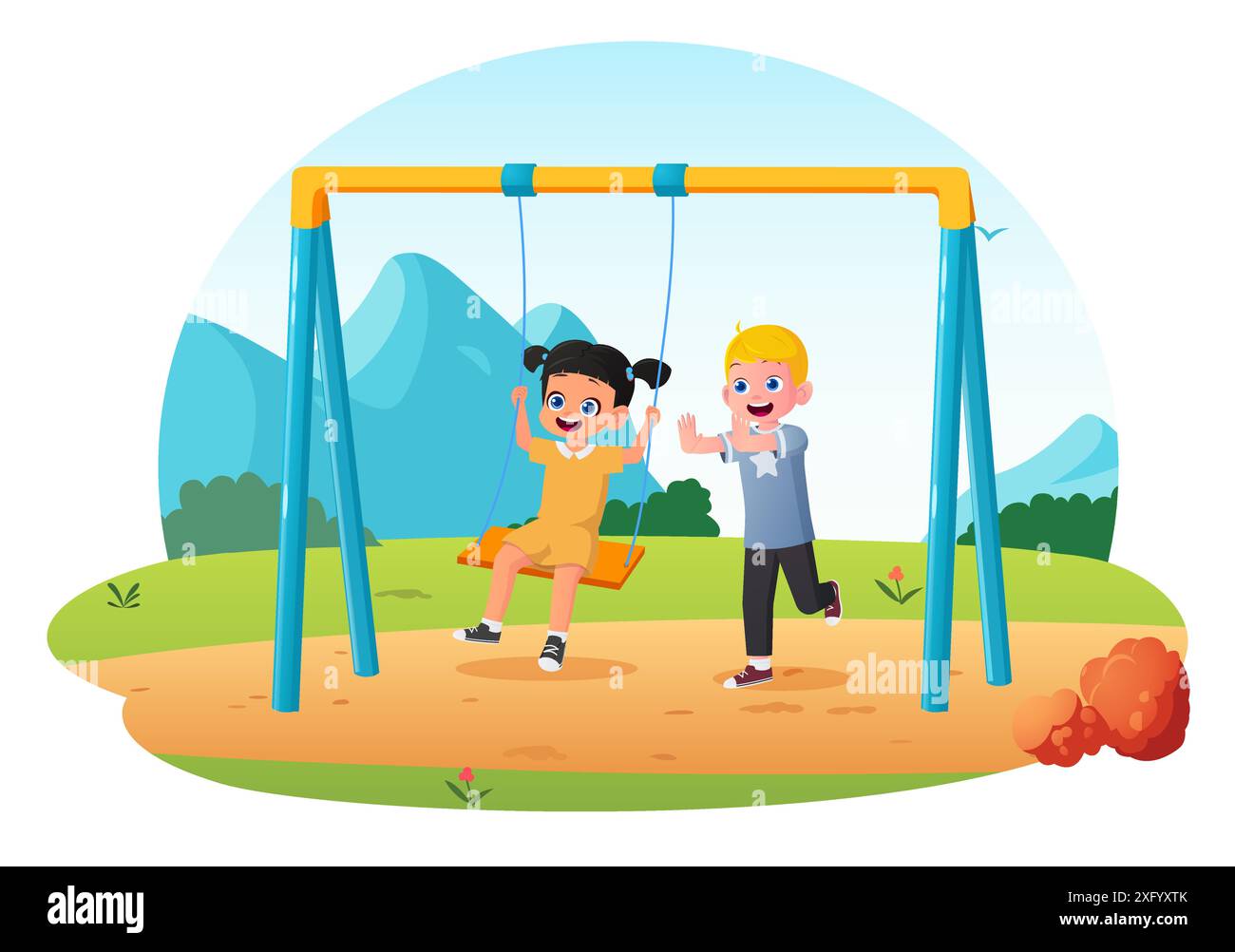 Happy Cartoon Kids Playing on a Swing, Girl and Boy Playing together in a Playground Vector Art ...