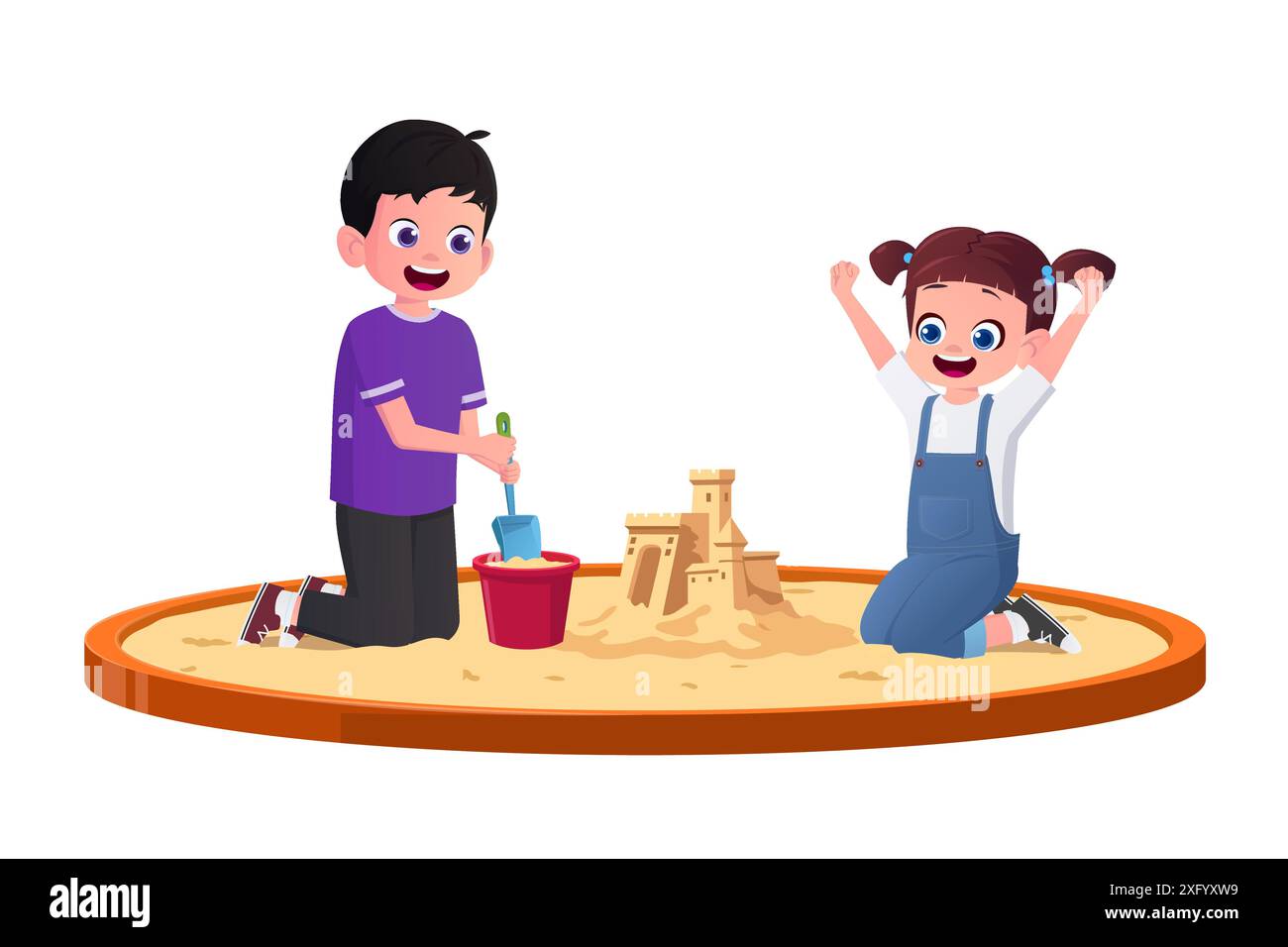 Little Girl and Boy Playing in a Sandbox and Building a Sand Castle ...