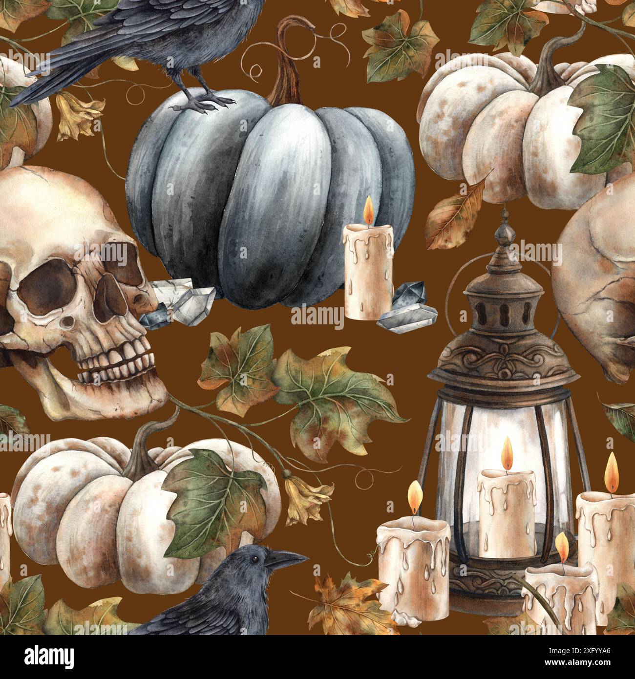 Black pumpkin and leaves, skull, black raven, vintage lantern and ...