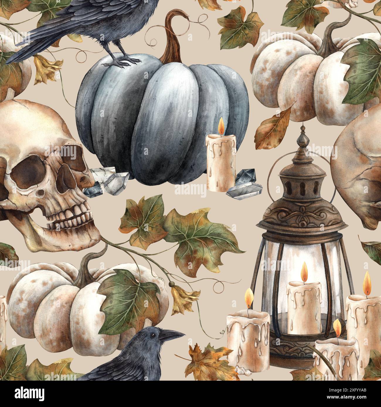 Black pumpkin and leaves, skull, black raven, vintage lantern and ...