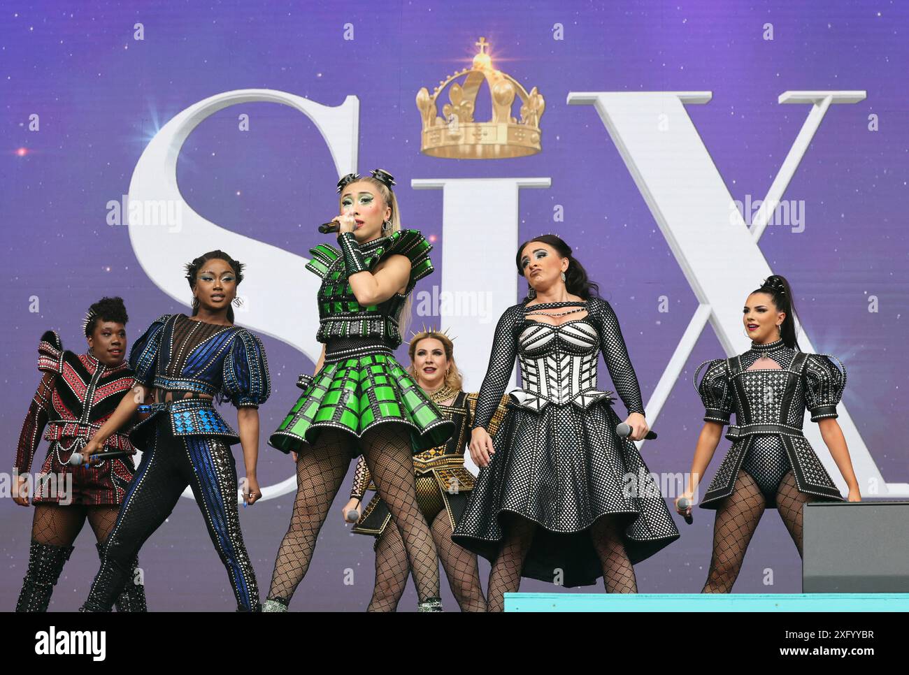 Cast of the musical SIX performing at West End Live 2024, in Trafalgar ...