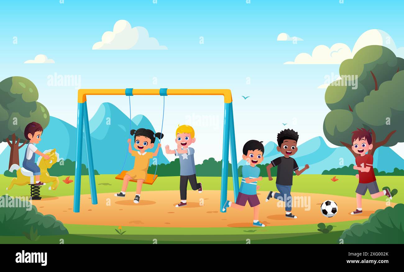 Cartoon Children Playing Outdoor in playground, Kids Playing Football, Swing, and riding Horse ...