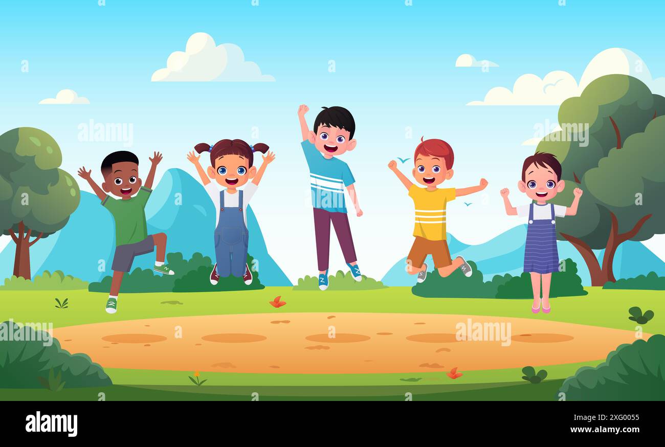 Happy Cartoon Kids Jump Together with Excitement Outdoors Vector Stock ...