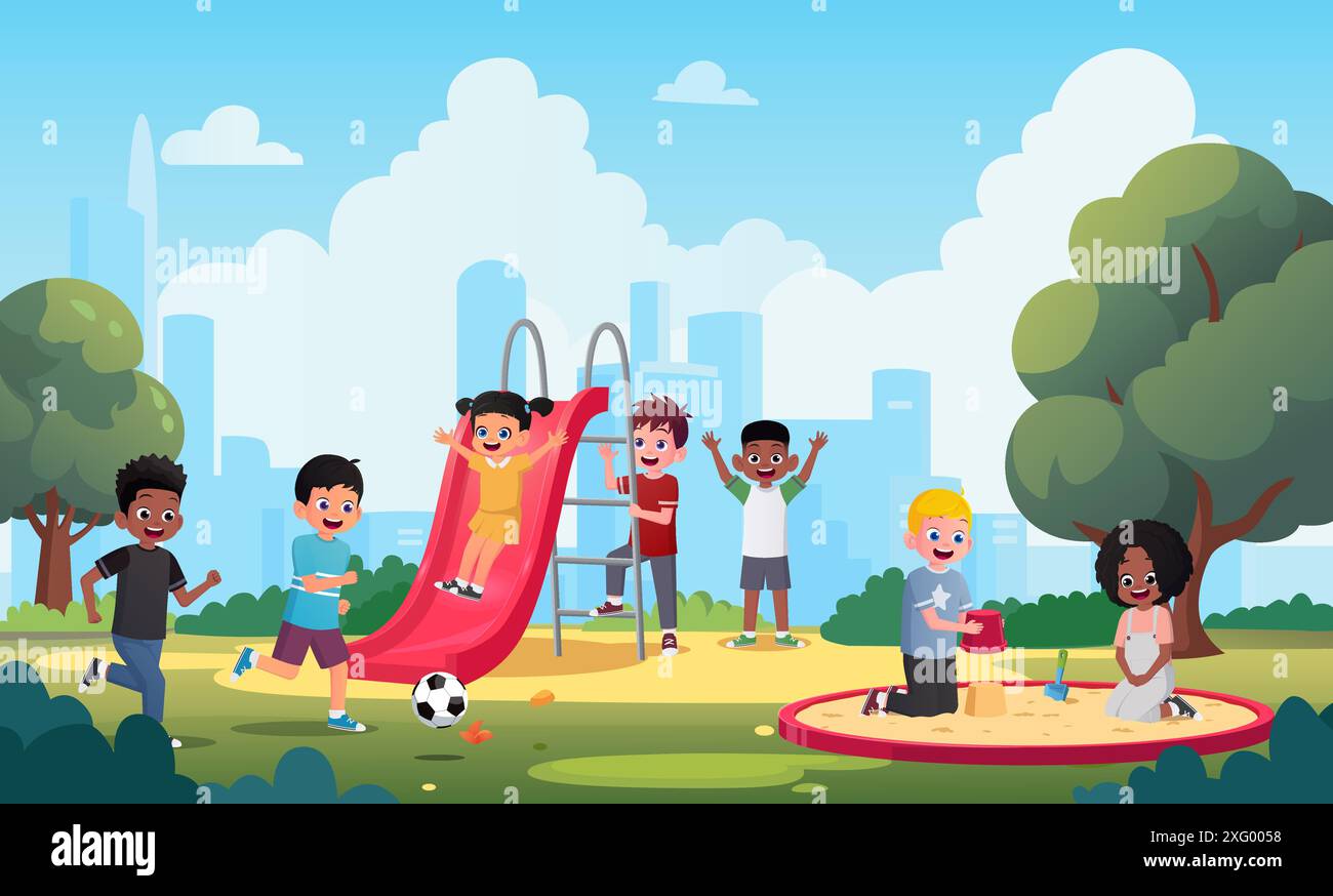 Happy Cartoon Kids Playing In playground, Children Playing Football ...