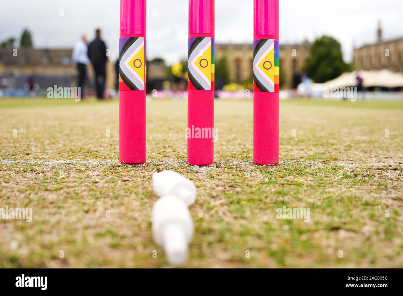 Cheltenham, UK, 5 July 2024. A general view of the stumps with LGBTQ+ ...