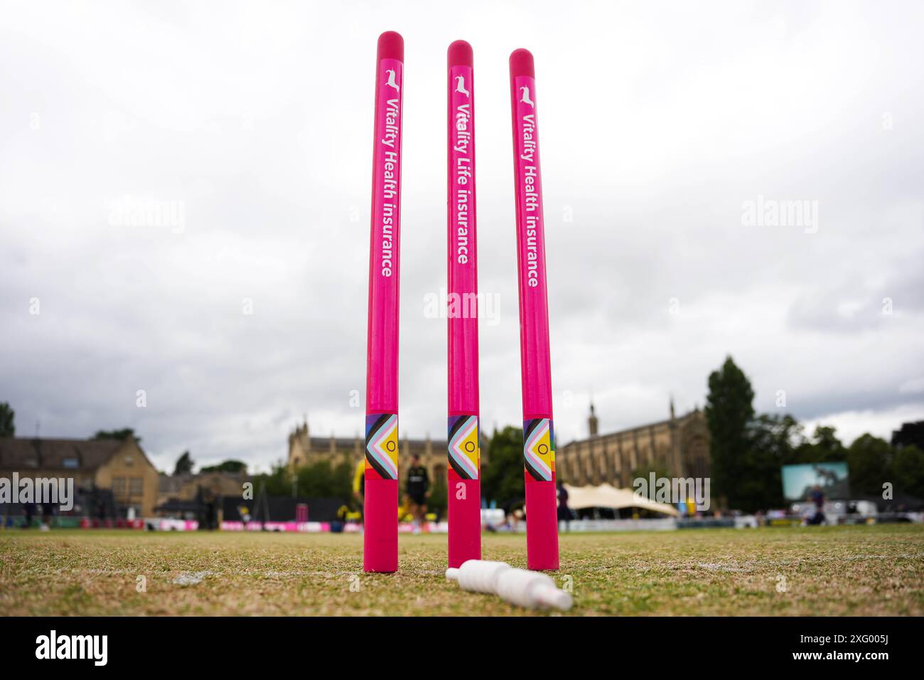 Cheltenham, UK, 5 July 2024. A general view of the stumps with LGBTQ+ ...